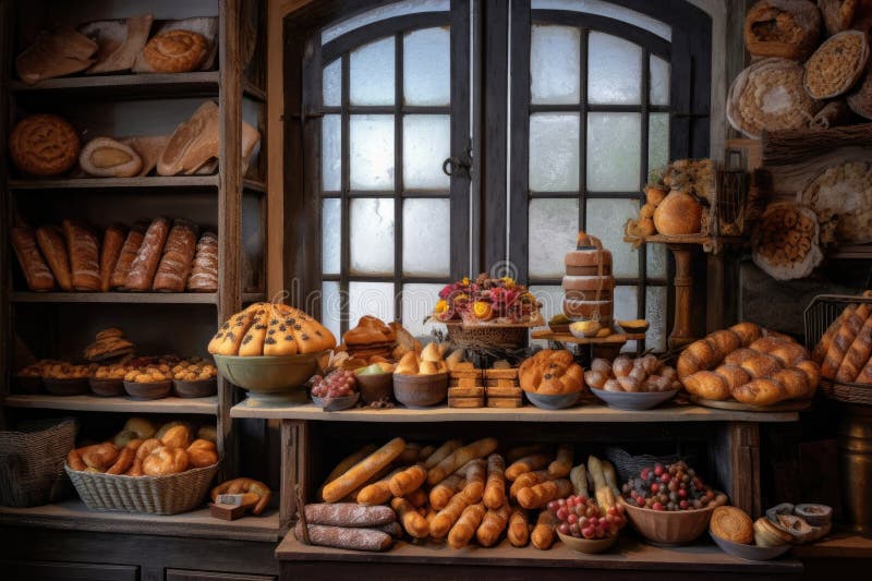 Rustic Bakery Shelves with Various Pastries and Cakes Stock ...