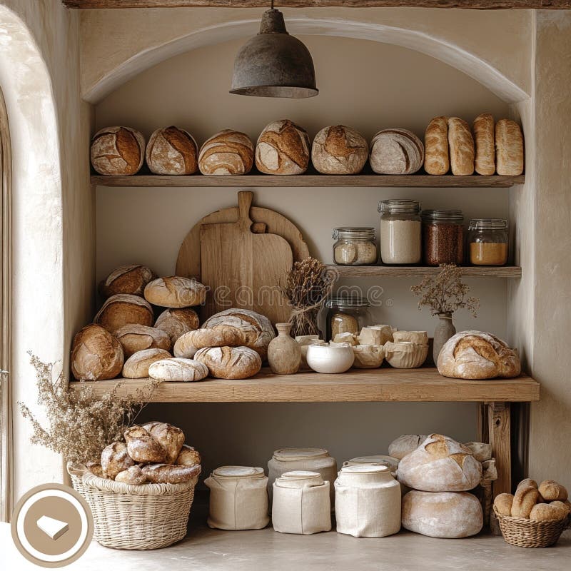 A Rustic Bakery with Various Fresh Bread Types, Artisanal Ingredients ...