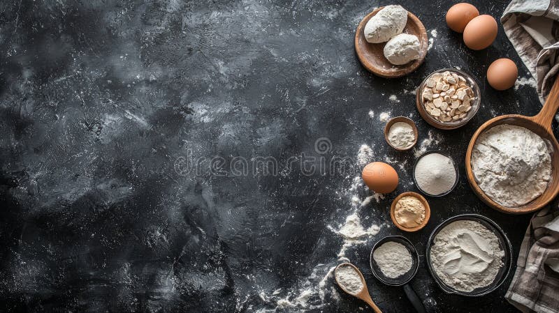 Rustic Baking Ingredients Arranged on a Dark Textured Surface Stock ...