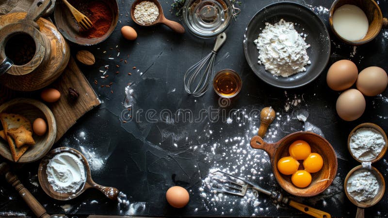 Rustic Baking Ingredients on Dark Surface Stock Photo - Image of rustic ...