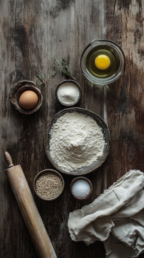 Rustic Baking Ingredients with Eggs Flour Herbs and Rolling Pin on ...