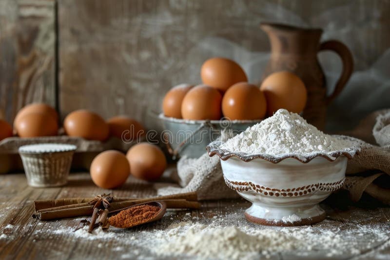 Rustic Baking Ingredients on Wooden Table Stock Photo - Image of style ...