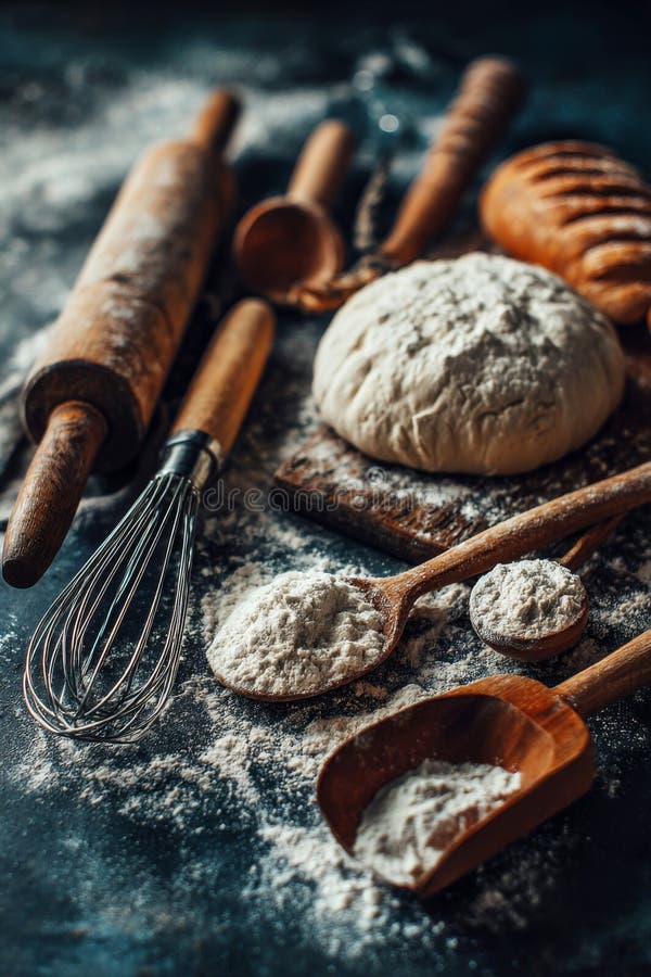 Rustic Baking Scene with Dough and Wooden Tools Stock Illustration ...