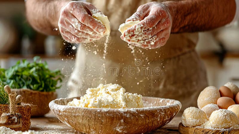 Rustic Baking Scene with Hands Kneading Fresh Dough in a Wooden Bowl on ...
