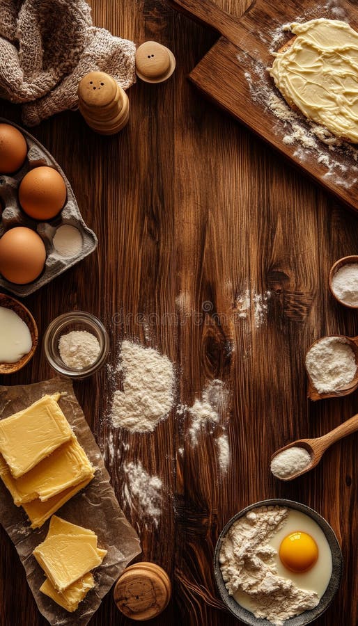 Rustic Baking Scene Ingredients for a Cake Dough Recipe on a Vintage ...