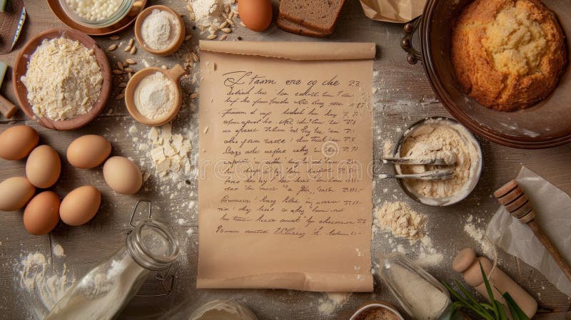 Rustic Baking Scene with Ingredients and Recipe on Parchment Stock ...
