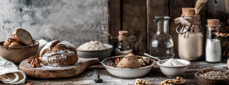 Rustic Baking Setup with Artisan Bread and Ingredients Stock Photo ...