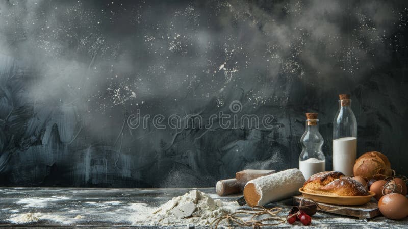 Rustic Baking Setup with Flour, Bread, and Ingredients Stock Image ...