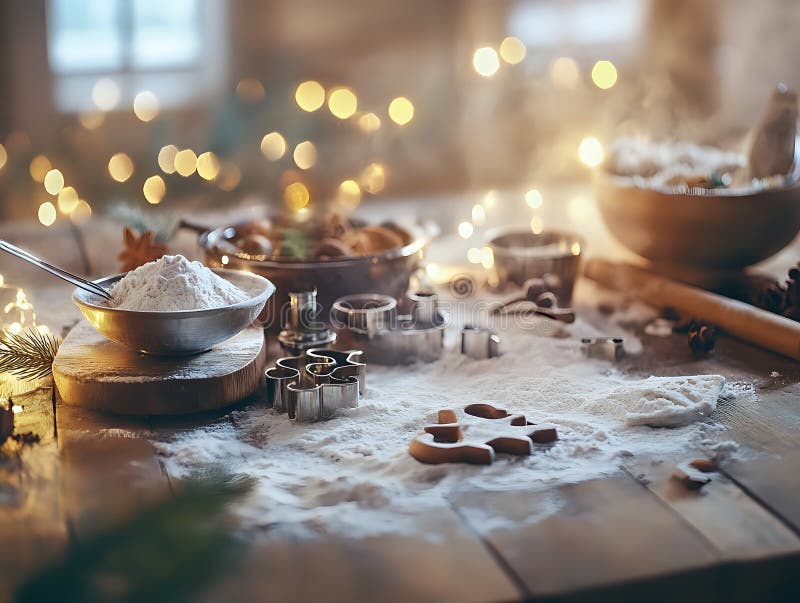 Rustic Baking Setup Featuring Flour and Warm Holiday Lights for a Cozy ...