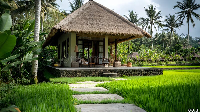 Rustic Balinese Villa with Rice Paddy View Stock Illustration ...