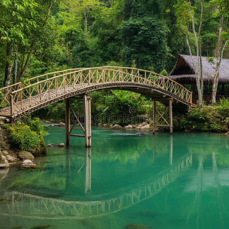 A Rustic Bamboo Bridge Arches Over a Serene, Turquoise River Surrounded ...