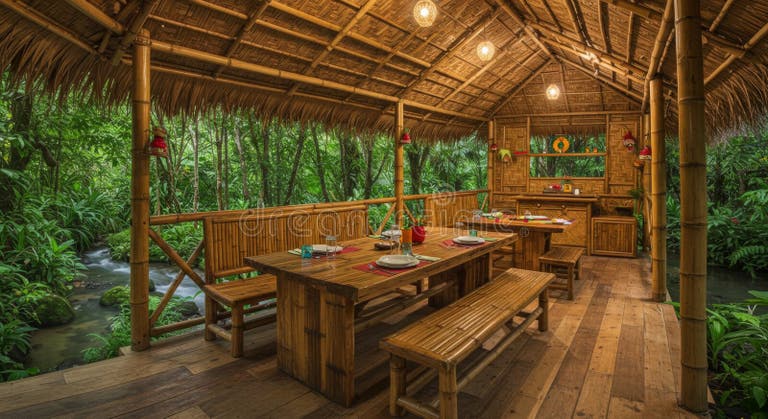 Rustic Bamboo Dining Hut in Lush Tropical Jungle Setting Stock ...
