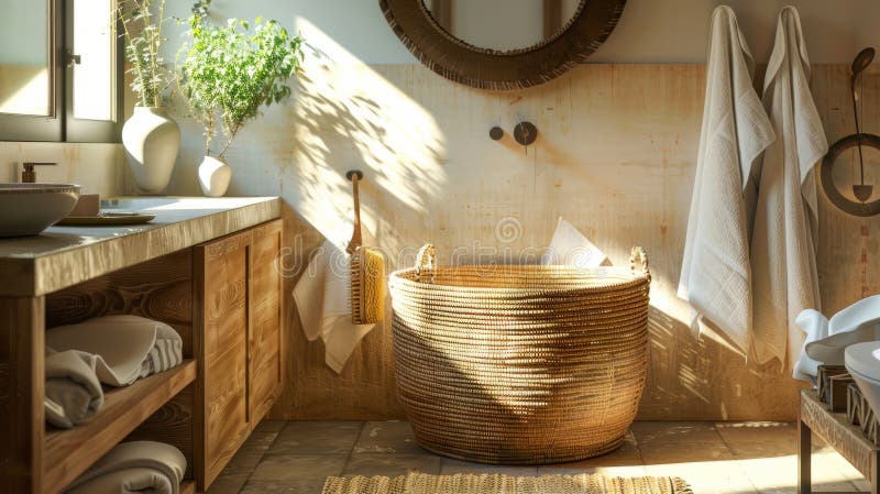 Rustic Bamboo Laundry Basket in Cozy Bathroom Stock Illustration ...