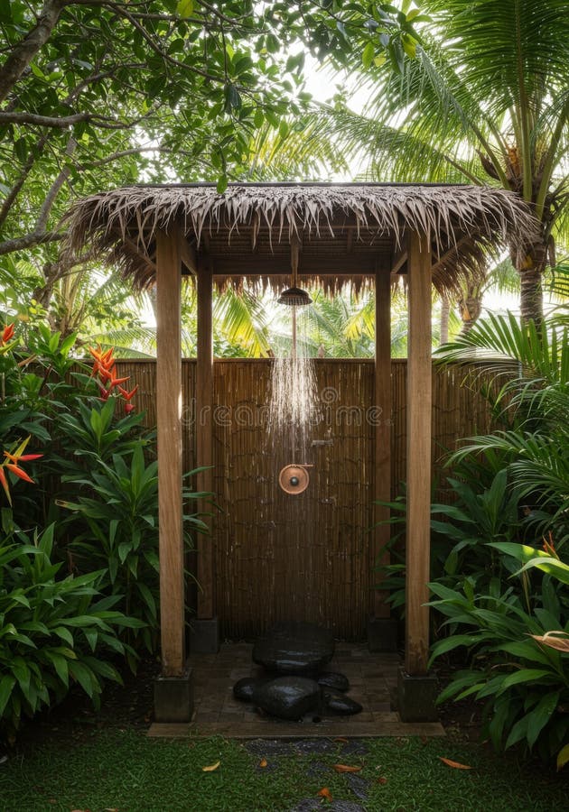 Rustic Bamboo Outdoor Shower in Lush Tropical Garden Stock Image ...