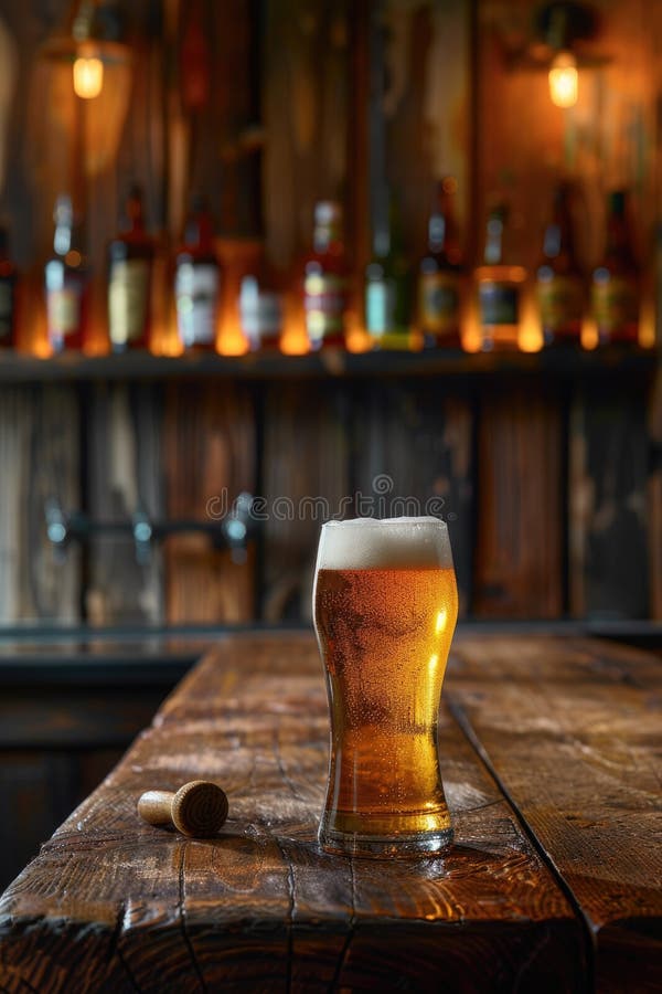 Rustic Bar with Craft Beer in Glass on Wooden Table with Lighted ...