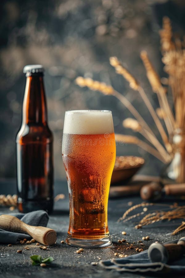 Rustic Bar with Craft Beer in Glass on Wooden Table with Lighted ...