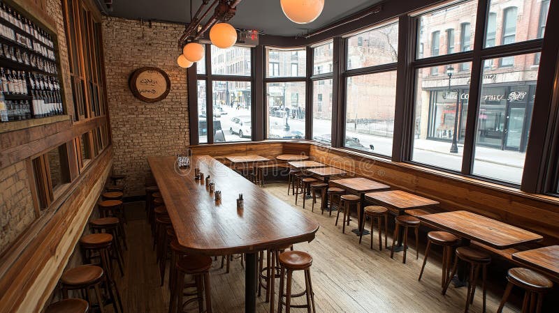 Rustic Bar Interior, City View Long Table Wooden Chairs, Lunch Stock ...