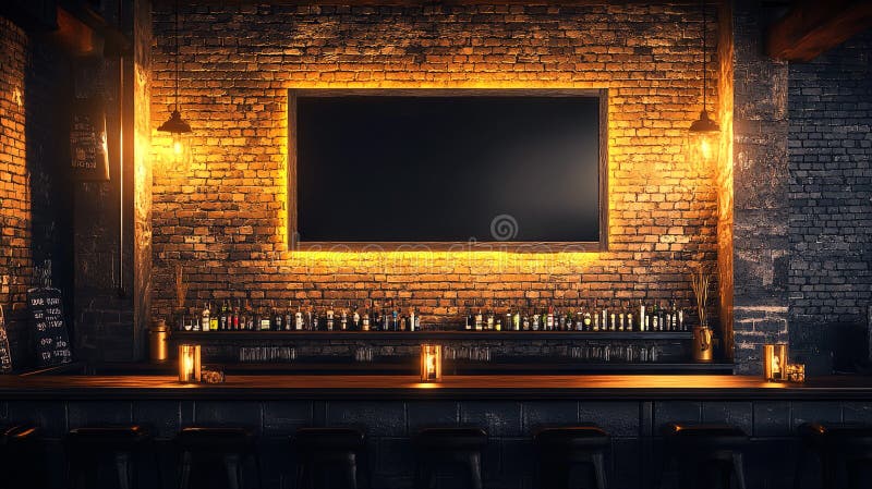 Rustic Bar Interior Design Blank Sign Brick Wall Illuminated Back Bar ...