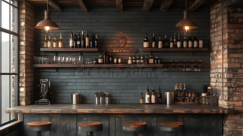 Rustic Bar Interior, Industrial Brick Wall, Bottles, Daylight Stock ...
