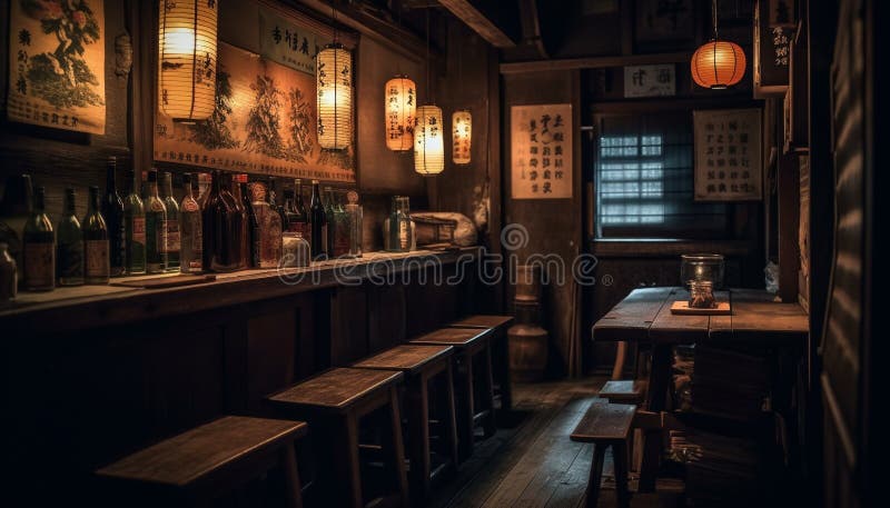 Rustic Bar Interior with Modern Lighting, Glassware, and Whiskey ...