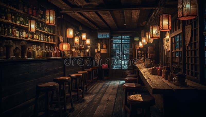 Rustic Bar with Old Fashioned Decoration and Modern Lighting Equipment ...