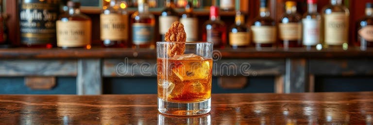 Rustic Bar Setting with Bourbon Whiskey Cocktail and Candied Bacon ...