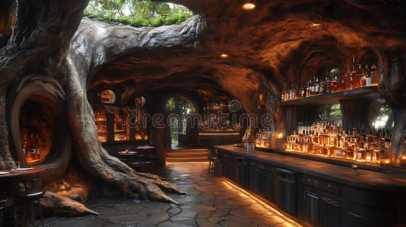 A Rustic Bar with a Stone Floor and a Large Tree Trunk in the Center ...