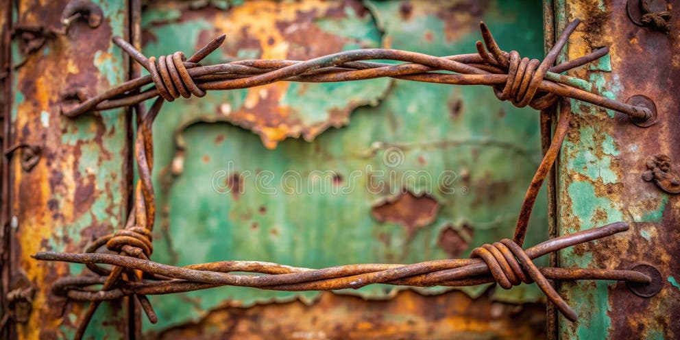 Rustic Barbed Wire Frame on a Weathered Metal Surface, Evoking a Sense ...