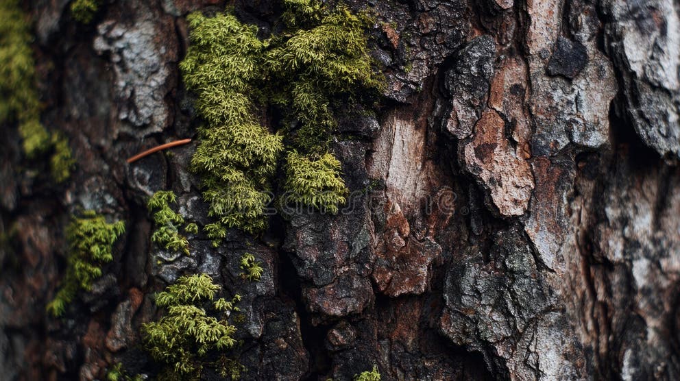 Rustic Bark Background, High-detail Tree Bark with Patches of Moss ...