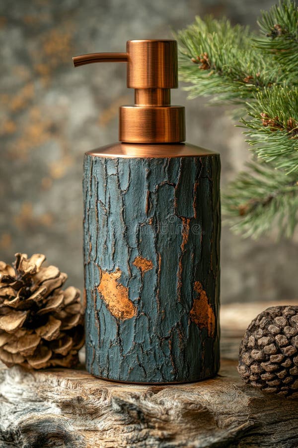 Rustic Bark-patterned Soap Dispenser with Pine Cones on Wooden Surface ...