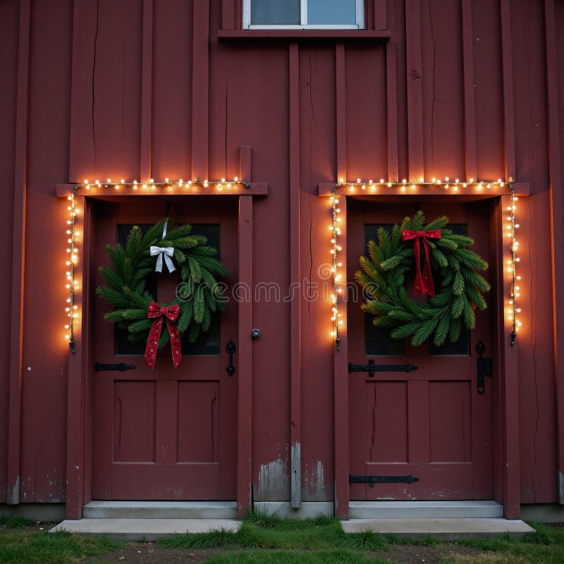 Rustic Barn Adorned with Christmas Decorations Wreath Lights Backdrop ...