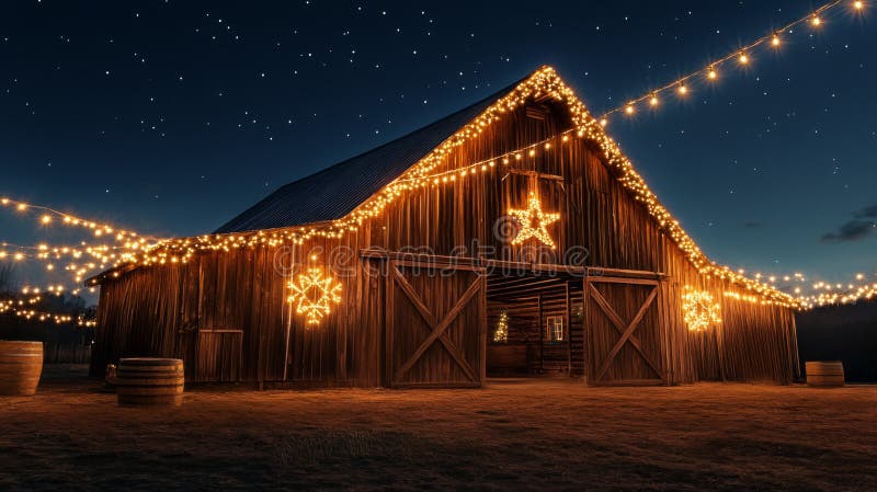 A Rustic Barn Adorned with Christmas Lights Under a Starry Night Stock ...