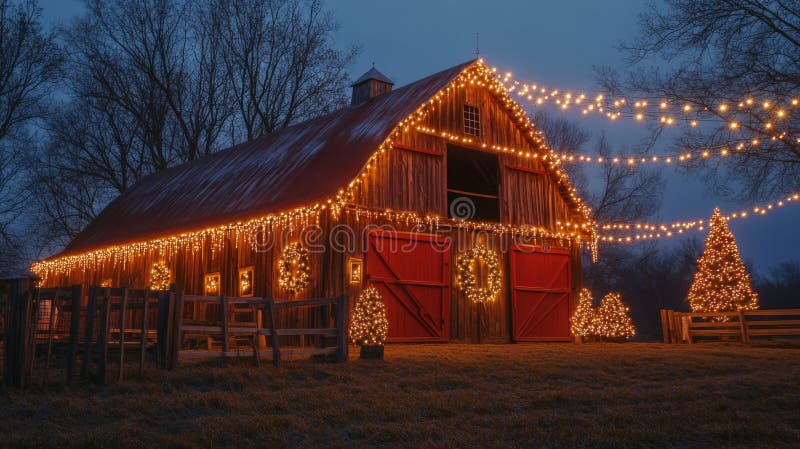 A Rustic Barn Adorned with Christmas Lights and Wreaths Stock ...