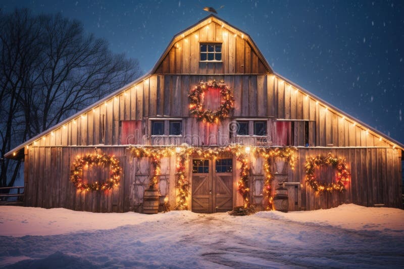 Rustic Barn Adorned with Multicolored Twinkling Lights in the Snow ...