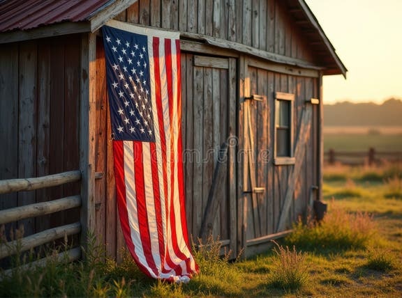 Rustic Barn with American Flag at Sunrise in Countryside Stock Photo ...