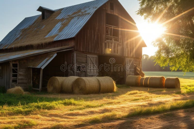 Rustic Barn with Bales of Hay and Golden Sunlight Streaming in the ...