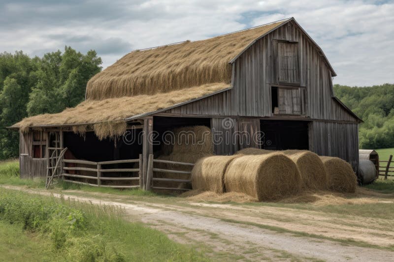 Rustic Barn with Bales of Hay and Horse Stabled Inside Stock Image ...