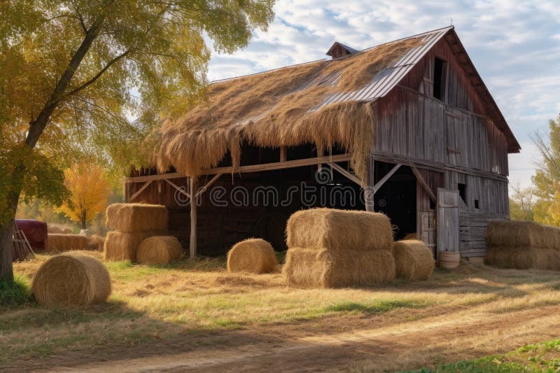 Rustic Barn with Bales of Hay and Horse Stabled Inside Stock ...