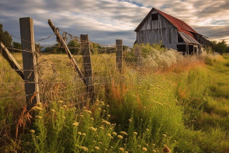 Rustic Barn with a Broken Fence and Overgrown Grass Stock Image - Image ...