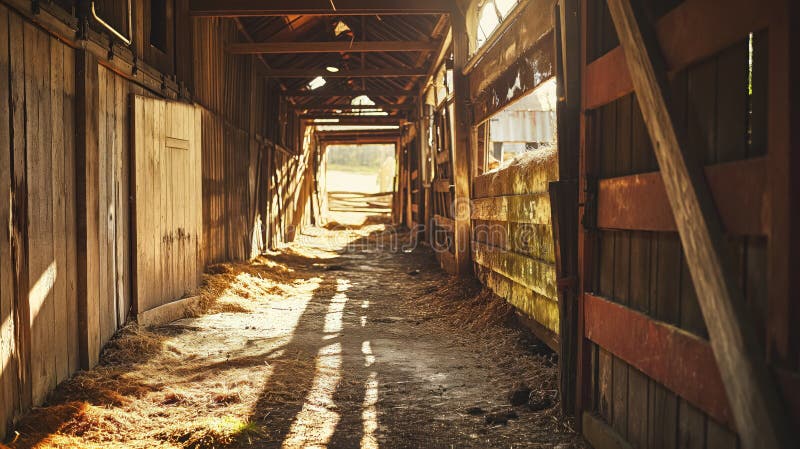 A Rustic Barn Corridor is Bathed in the Warm Glow of Sunlight Stock ...