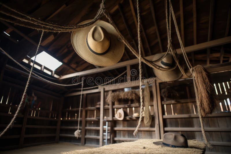 Rustic Barn with Cowboy Hat and Rope Hanging from the Ceiling Stock ...