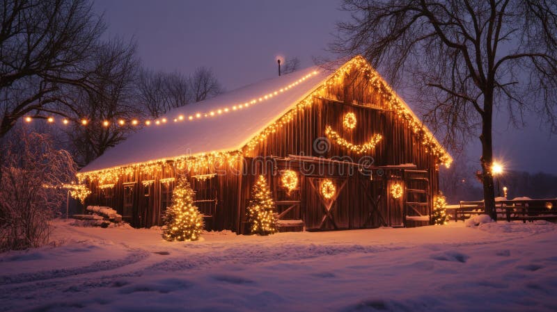 A Rustic Barn Decorated with Christmas Lights in a Snowy Landscape ...