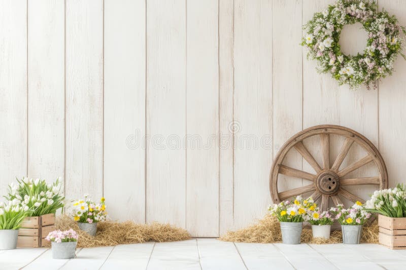 Rustic Barn Door Floral Backdrop with Pastel Spring Flowers and Wreath ...