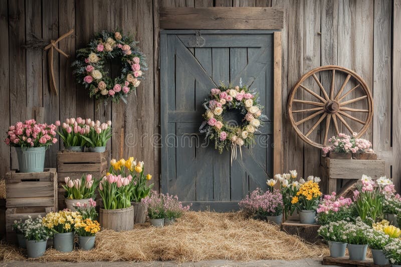 Rustic Barn Door Floral Backdrop with Pastel Spring Flowers and Wreath ...