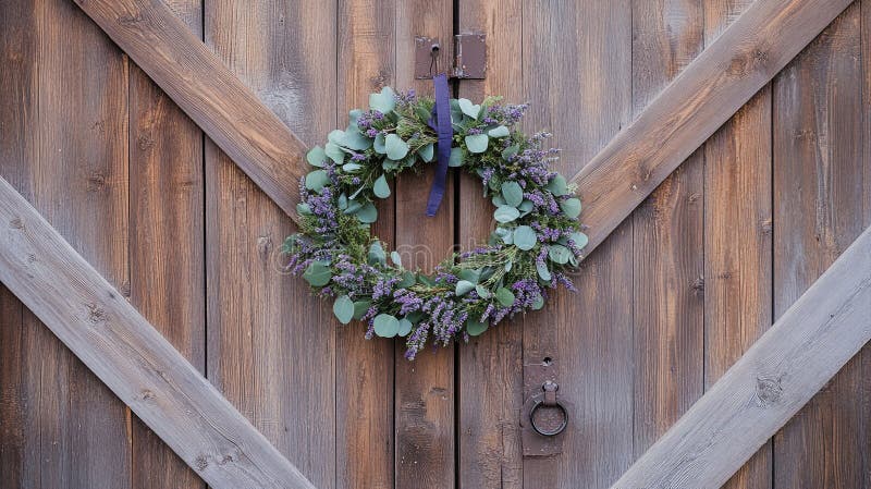 A Rustic Barn Door with a Fresh Wreath Made of Eucalyptus and Lavender ...