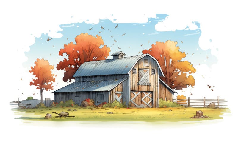 Rustic Barn with Farmhouse Hidden Behind Tree Line in Distance Stock ...