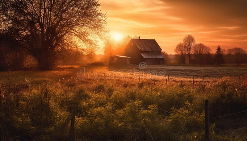 Rustic Barn and Farmhouse in Tranquil Meadow at Sunset Generated by AI ...