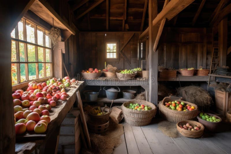 Rustic Barn Filled with Bountiful Harvest, Including Apples and ...
