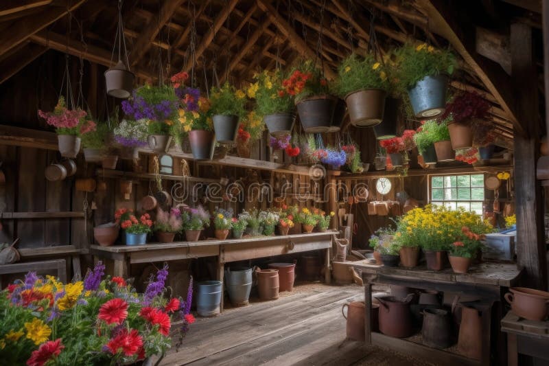 Rustic Barn, Filled with Hanging Pots and Pans, Surrounded by Colorful ...