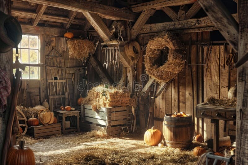 A Rustic Barn Filled with Hay and Pumpkins, Perfect for Fall or Harvest ...